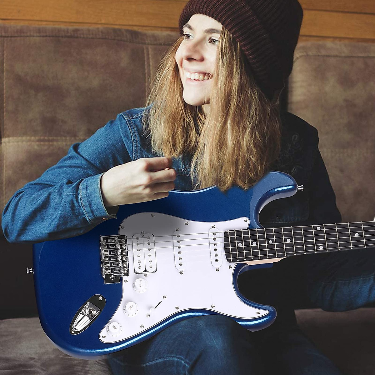 ADM Electric Guitar Beginner Kit 39 Inch Full Size Guitar Package with Amplifier, Bag, Strap, String, Tuner, Cable and Picks, Blue