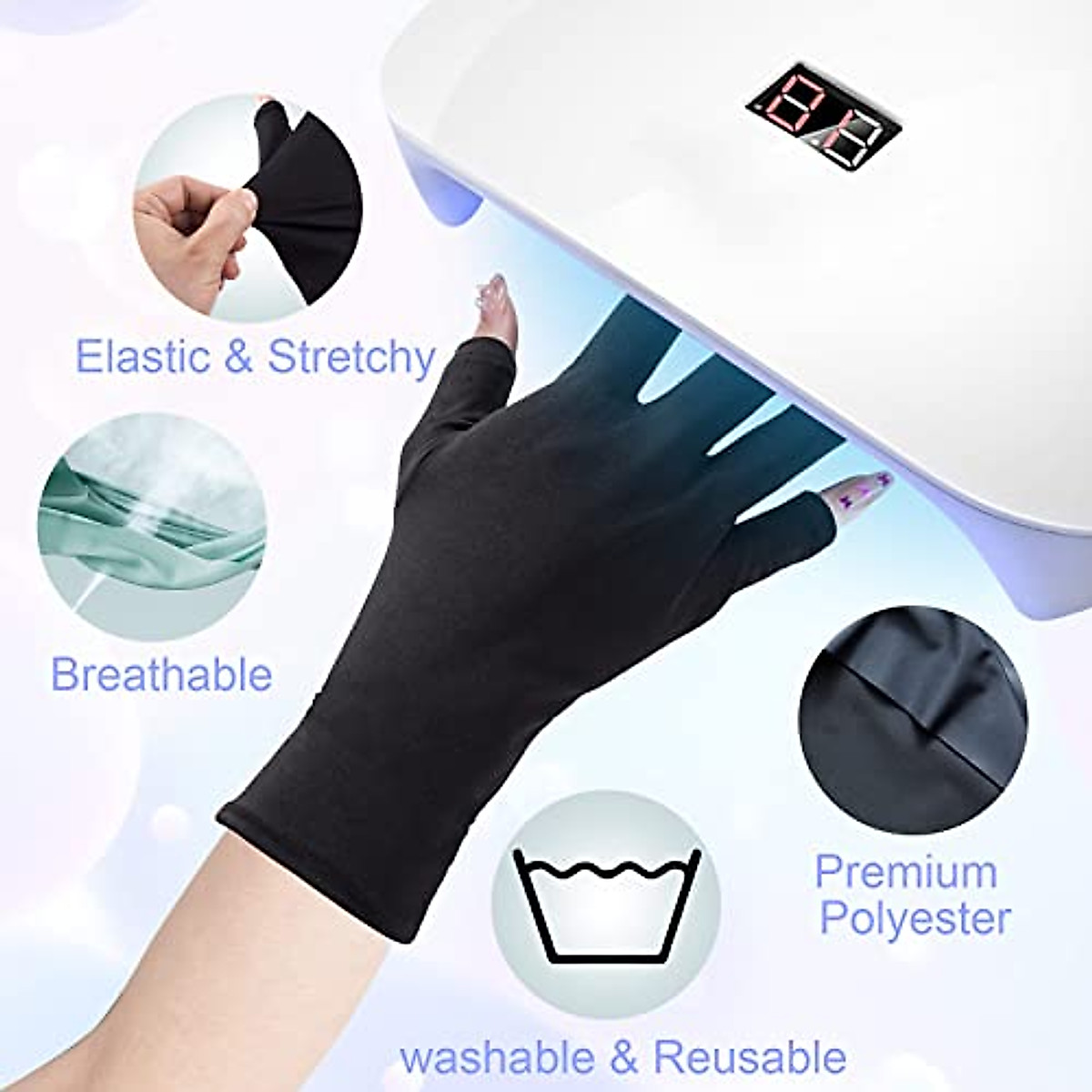 ANCIRS 2 Pairs UV Gloves for Gel Nail Lamp, Anti UV Fingerless Gloves for Nail Art DIY Accessories, Gel Manicure UV Shield Gloves for Hand Skin Care Protection-Black