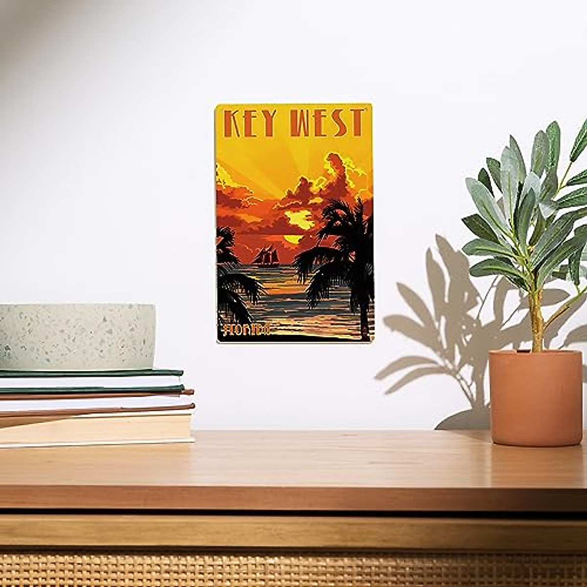 Lantern Press 6x9 Inch Wood Sign, Ready to Hang Wall Decor, Key West, Florida, Sunset and Ship