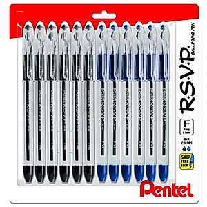Pentel RSVP Pens Fine Point - Ballpoint - 0.7 mm - 12 Pack Of 6 Black & 6 Blue Ink Pens