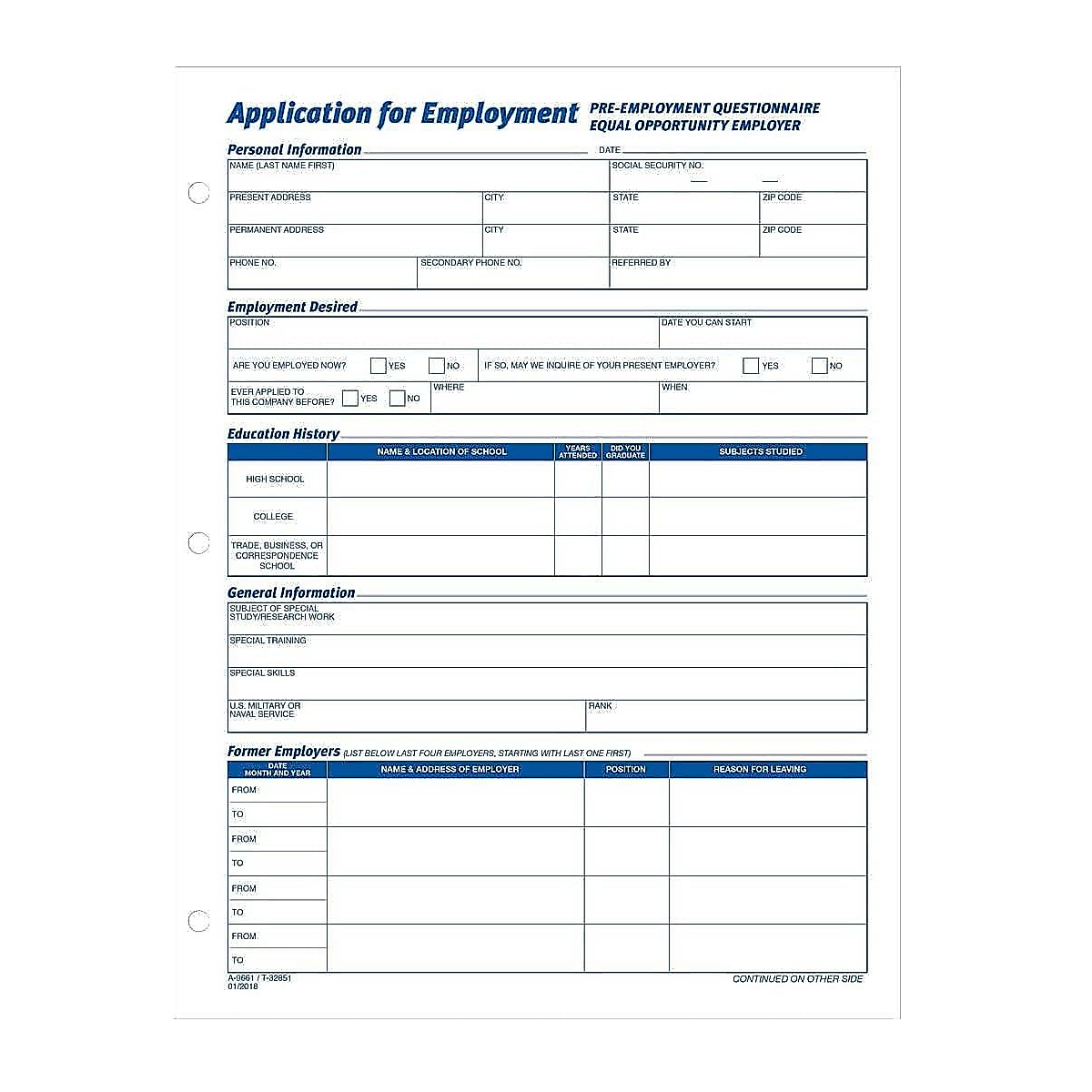 Adams Applications for Employment, 8.5 x 11 Inch, 3-Hole Punched, 50-Sheets/Pack, 2-Pack, White (9661)