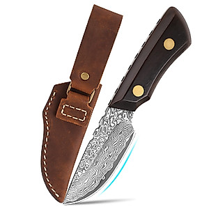 XITUO Damascus Bushcraft Knife, Hunting Knife - Handmade Survival Knife, forged Fixed Blade Knife, 5.5'’ EDC Camping Knife for Men | Fixed Blade with Ebony Wood Handle Leather Sheath