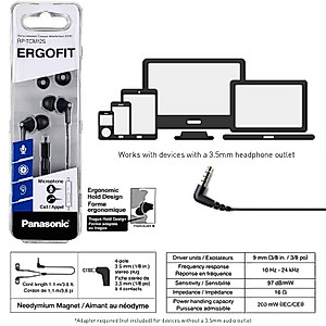 Panasonic ErgoFit Wired Earbuds, In-Ear Headphones with Microphone and Call Controller, Ergonomic Custom-Fit Earpieces (S/M/L), 3.5mm Jack for Phones and Laptops - RP-TCM125-K (Black)