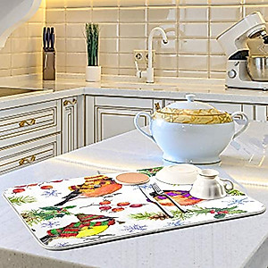 Cute Birds Winter Watercolor Dish Drying Mat 16"x18" Absorbent Machine Washable Hanging Fast Dry Pad Dish Protective Mat for Kitchen Countertop Heat Resistant Dinner Table Mat