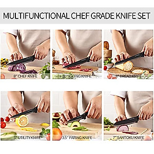 Gourmetop Kitchen Knife Set with No Drilling Magnetic Strip, Knives Set for Kitchen Black Titanium Cooking Knives, Sharp Stainless Steel Chef Knife Set for Cutting Meat & Vegetable, Small Knife Set