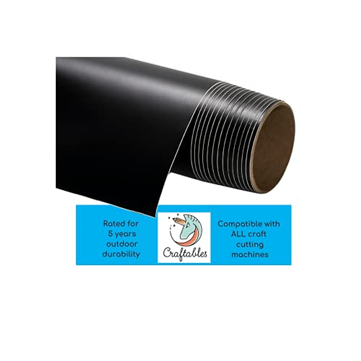 Craftables Matte Black Vinyl Roll - Permanent, Adhesive, Glossy & Waterproof | 12" x 10' |for Crafts, Cricut, Silhouette, Expressions, Cameo, Decal, Signs, Stickers