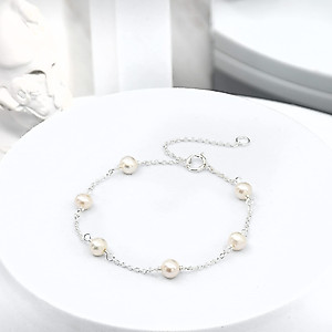AeraVida Luminous Cultured Freshwater White Pearl Sterling Silver Chain Link Adjustable Bracelet - 7inches Length