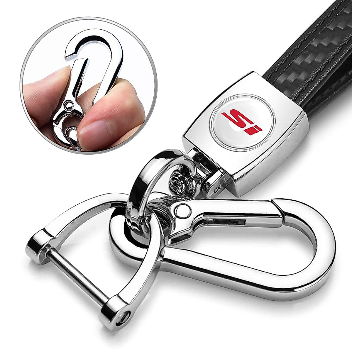 iPick Image Compatible with Honda Civic Si Red Logo in White Genuine Black Carbon Fiber Loop-Strap Chrome Hook Key Chain