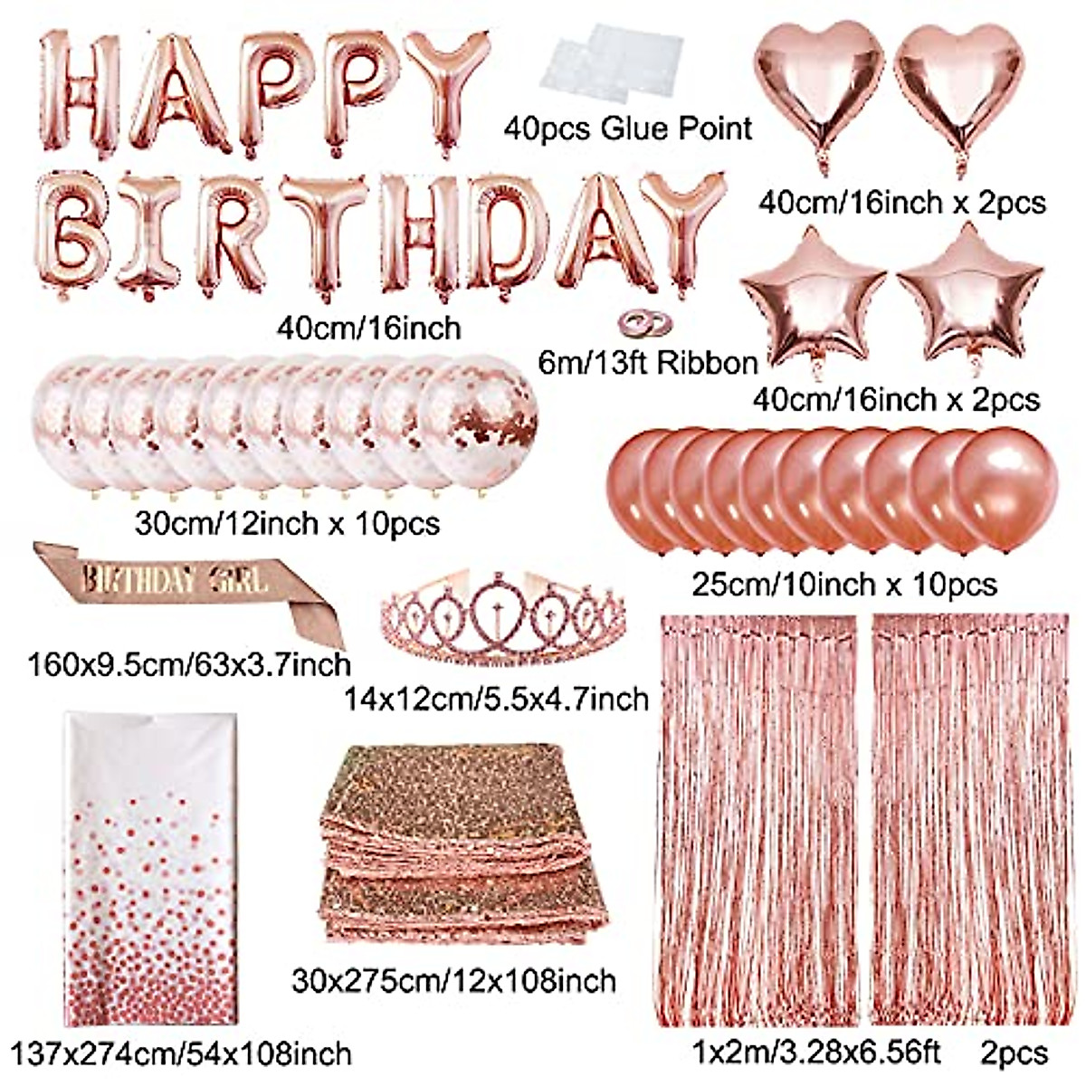 ZERODECO Rose Gold Birthday Party Decorations, Happy Birthday Banner, Glitter and White Table Runner, Sash, Queen Tiara, Fringe Curtains, Foil Confetti Balloon Party Decorations for Girls and Women