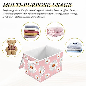 GUIJI Chamomiles Pink Fabric Storage Bins with Lids and Handle，Foldable Storage Bins with Lids，Closet Organizers for Clothes Storage，Room Organization, Office Storage, Chest Organizer