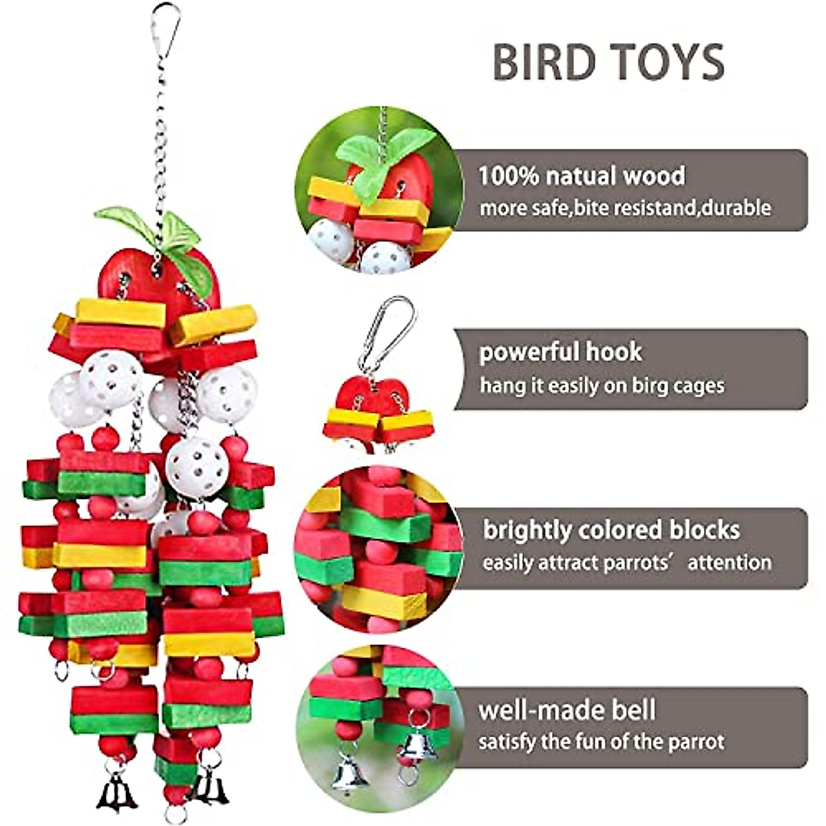 MQ Bird Toys Parrot Toys with Nature Wood Bird Chewing Toys for Small and Medium Birds, Best Toys for African Grey, Parakeets, Amazon Parrots, Finch, Budgie, Cockatiels, Conures and Love Birds