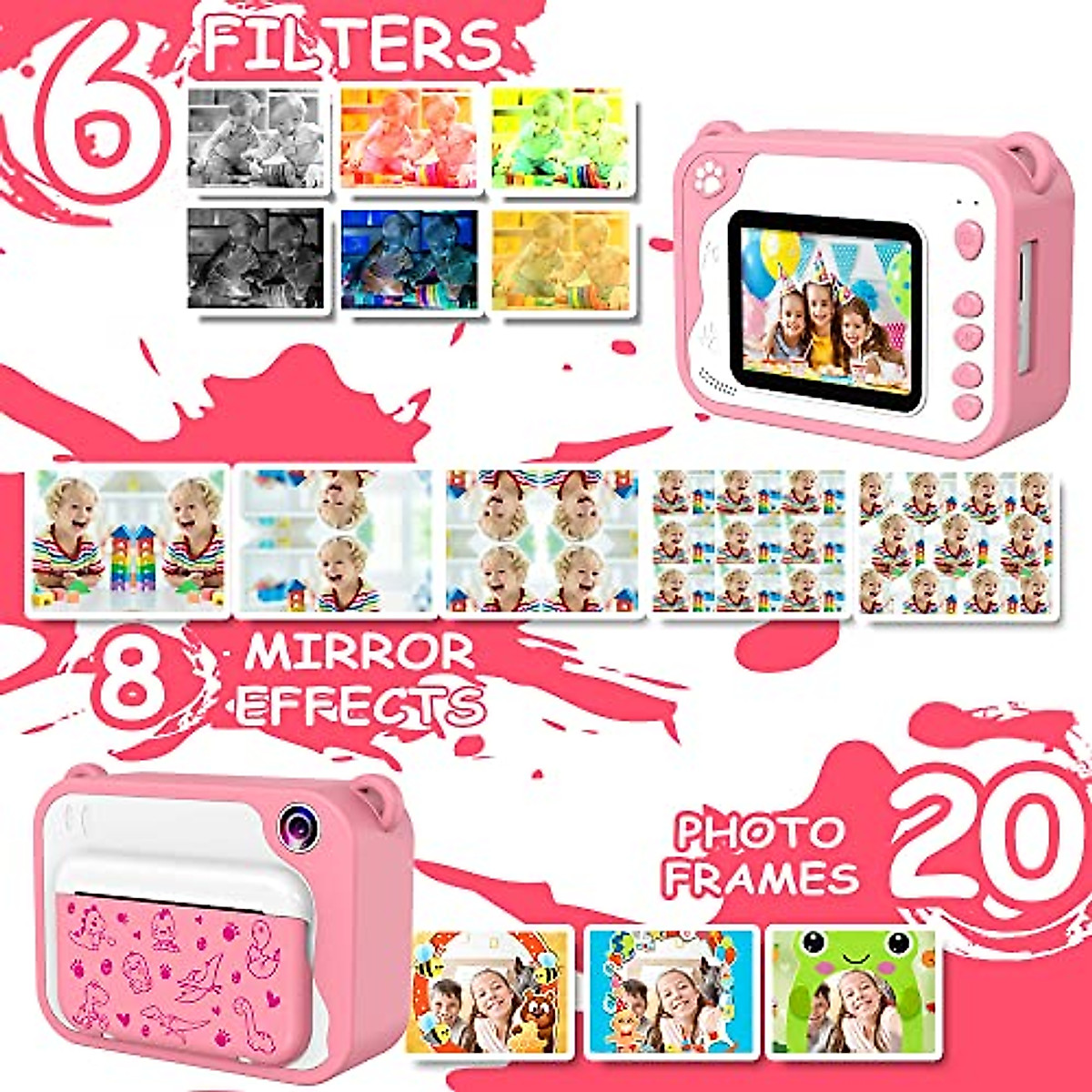 USHINING Instant Print Camera for Kids, 12MP Digital Camera for Kids Aged 3-12 Ink Free Printing 1080P Video Camera for Kids with 32GB SD Card,Color Pens,Print Papers (Pink)