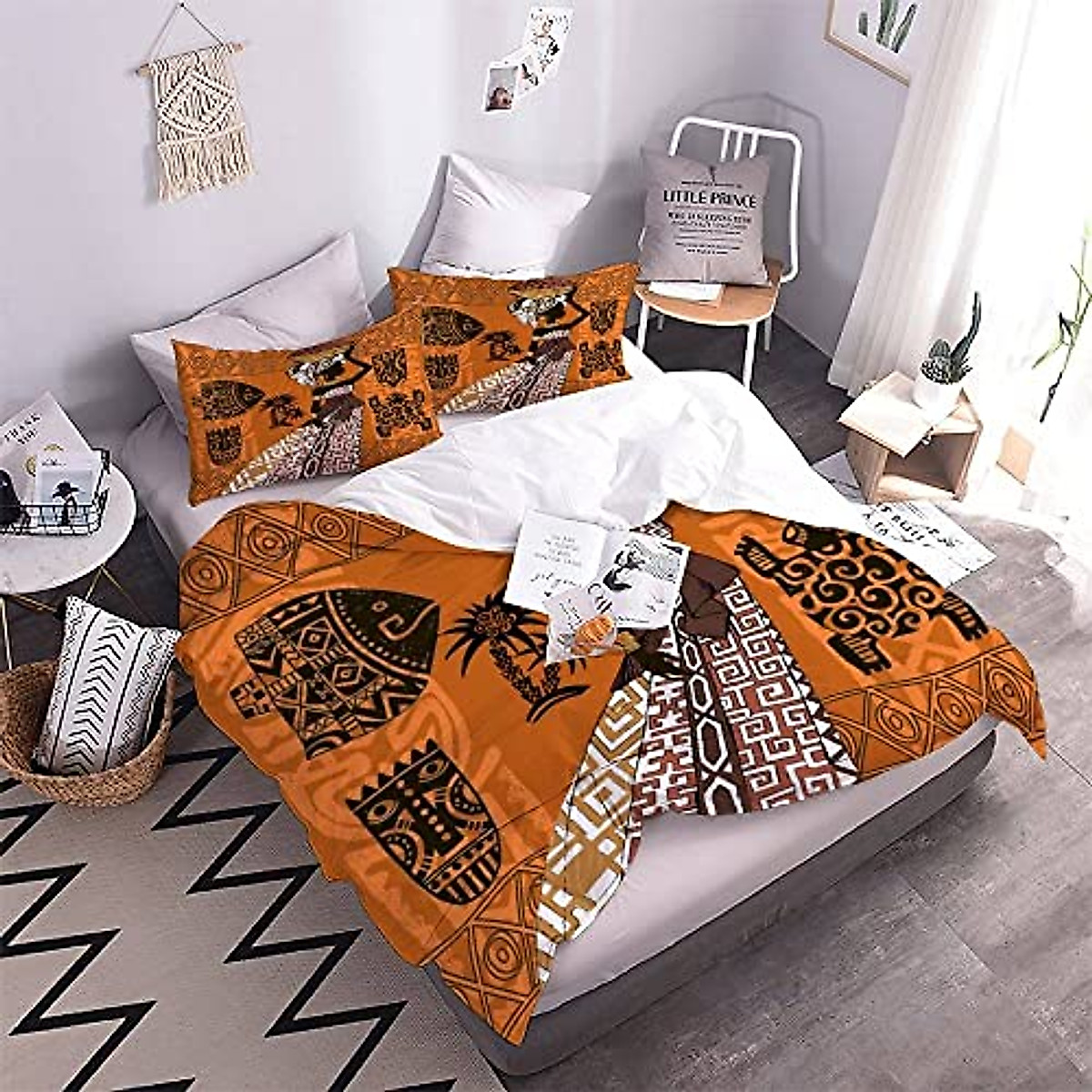 Quilt Cover Queen Size African Symbols 3D Bedding Sets Mask Duvet Cover Breathable Hypoallergenic Stain Wrinkle Resistant Microfiber with Zipper Closure,beding Set with 2 Pillowcase