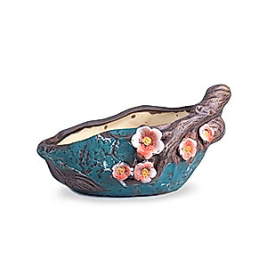 Dahlia 7" Oval Vintage Style Floral Detail Ceramic Succulent Planter/Plant Pot/Flower Pot, Turquoise