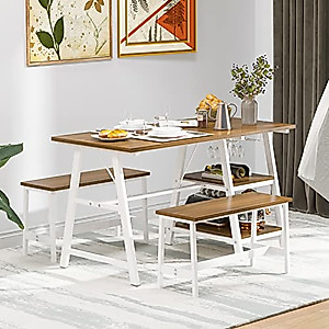 SogesPower 3-Piece Dining Table Set, Breakfast Table with 2 Benches, 4-Person Space-Saving Table Set for Kitchen Dining Room Living Room Restaurant, 47" Oak