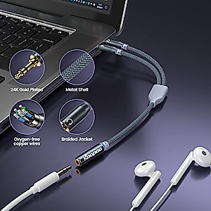 KOOPAO 3.5mm Splitter Headphone Mic Cable, Headset 3.5mm Female to 2 Dual Male Microphone Auido Stereo Jack Earphones Port to Gaming Speaker PC Adapter