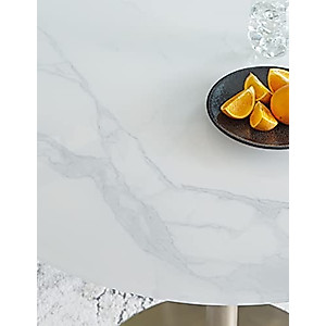 Signature Design by Ashley Barchoni Contemporary Round 39.5" Dining Room Table with A Marble Print Glass Top, White & Goldtone Finish