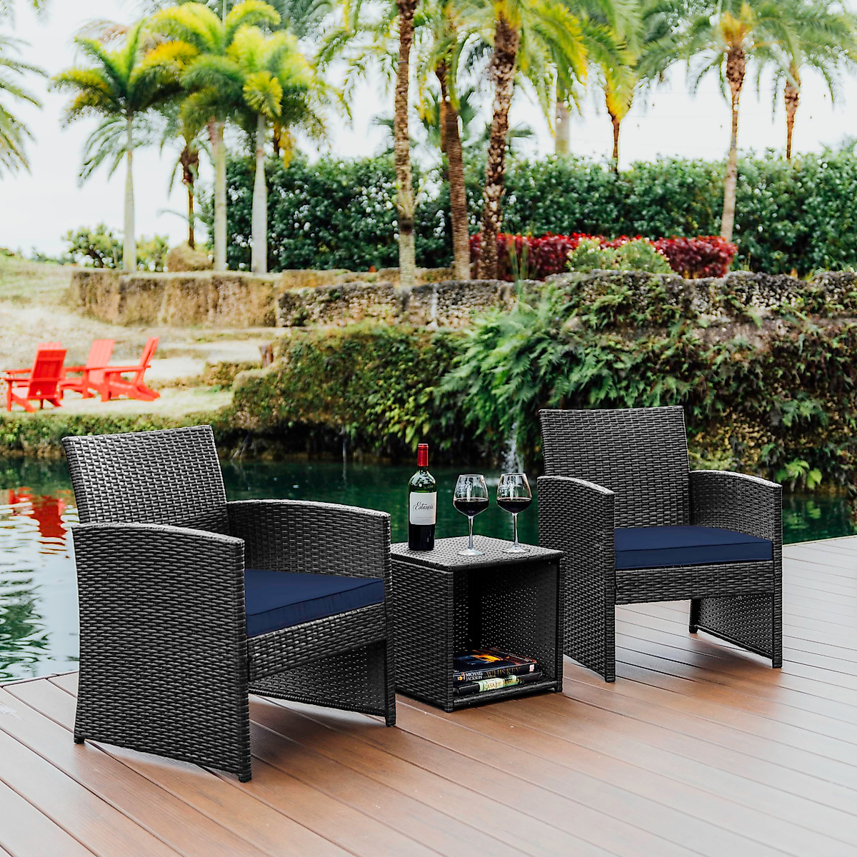 Nestl Wicker Outdoor Furniture Set - 3 Piece Patio Bistro Set (Grey/Navy)