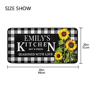 White Buffalo Plaid Custom Kitchen Rugs Non Slip Sunflower Kitchen Floor Mats Cushioned Personalized Kitchen Mats and Rugs Washable Anti Fatigue Mats for Sink Laundry Standing Home Decor - 39x20 in