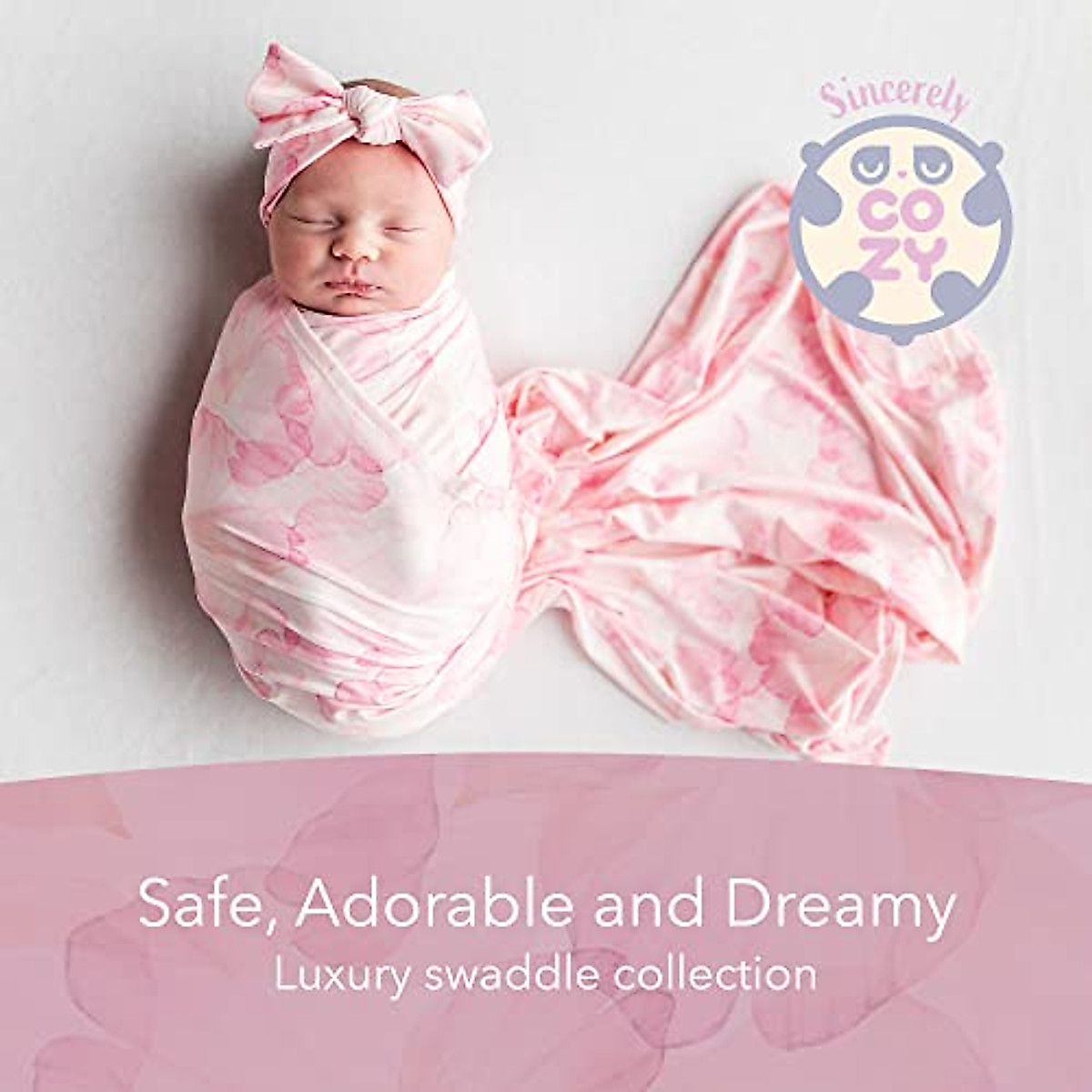 SINCERELY COZY – Baby Swaddle Blankets, Newborn Swaddle and Headband Set for 0-3 Months, Newborn Blankets for Baby Girls, Made of Bamboo Rayon, Rose Petal Love