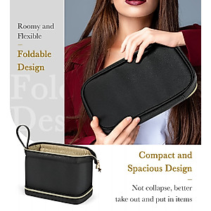 Shinowa Travel Makeup Cosmetic Bag, Portable Double Layer Cosmetic Bag, Large Leather Makeup Pouch with Wide Opening, Water-proof Toiletry Bag for Women Girls, Black