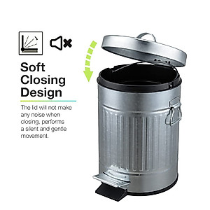 Bathroom Trash Can with Lid, Small Waste Basket for Home Bedroom, Retro Step Garbage Can with Soft Close, Vintage Office Trash Can, 5 Liter/ 1.3 Gallon, Glossy Grey