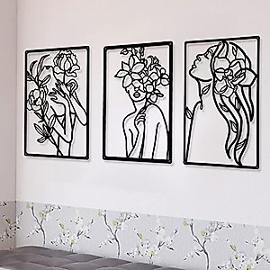 CHENGU 3 Pieces Metal Minimalist Abstract Woman Wall Art Drawing Single Line Female Home Hanging Wall Art Decor for Kitchen Bathroom Living Room (Black, Floral Style)