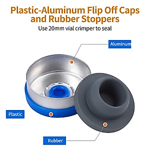 creahub 100 Pack 10ml Glass Vials, Amber Glass Headspace Vials with Plastic-Aluminum Flip Off Caps and Rubber Stoppers, 20mm Flat Bottom Lab Crimp Top Vial for Injection