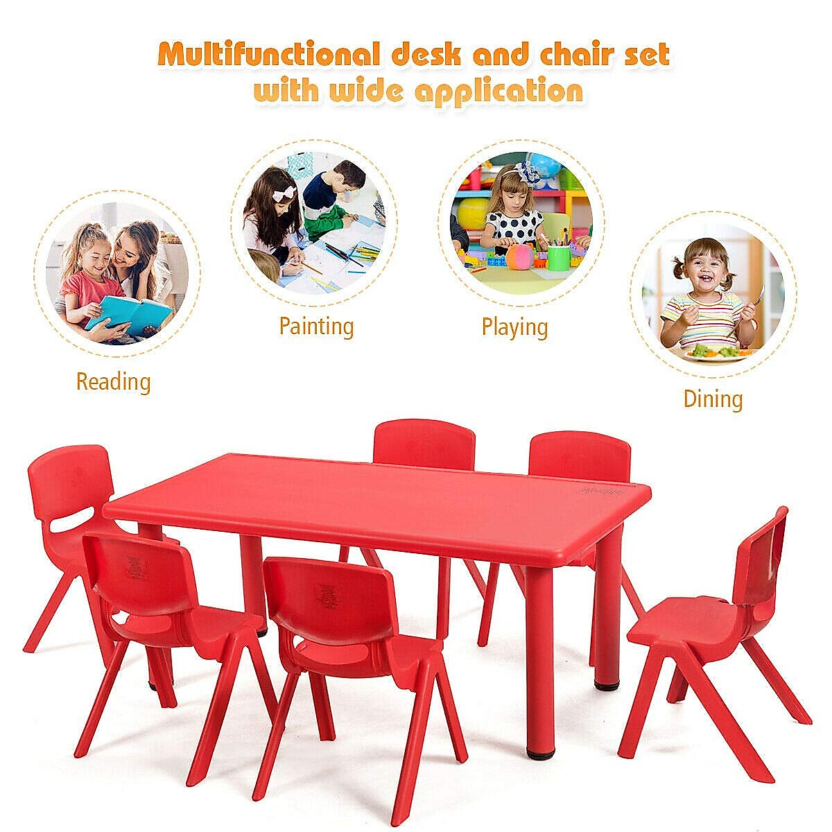 Costzon Kids Table and Chair Set, 6 Pcs Stackable Chairs, 47 x 23.5 Inch Rectangular Plastic Activity Table Set for Children Reading Drawing Playing Snack Time, Toddler School Furniture (Red)
