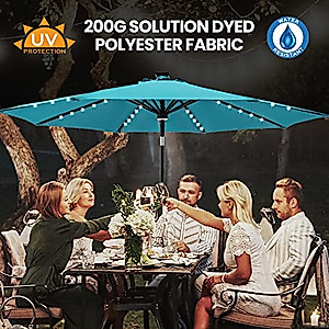 FLAME&SHADE 10 ft Solar Powered Outdoor Market Patio Table Umbrella with LED Lights and Tilt, Aqua Blue