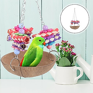 Bird Hammock Coconut Shell Hamster Nest Parrot Cage with Chain Charm and Fake Flower for Pet Hanging Bed (5x11”)