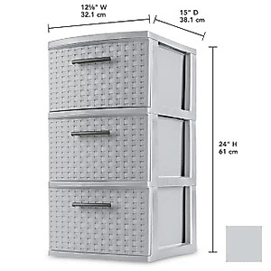 3 Drawer Weave Storage Tower Set of 2, Plastic Decorative Drawers to Organize Clothes in Bedroom with Gray Drawers