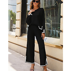 Faleave Women's Knit 2 Piece Outfits Long Sleeve Sweater Pullover Tops Wide Leg Pants Tracksuits Lounge Set(Black-M)