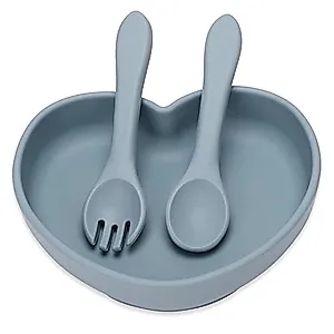 Suction Plate, Socub Silicone Plate for Baby and Toddler, Unbreakable Non-Slip Kids Plates with Spoon and Fork, BPA Free, Dishwasher and Microwave Safe, Ether