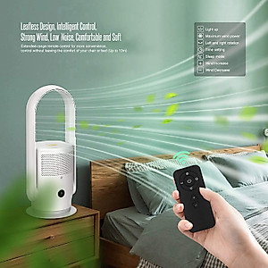 ULTTY Bladeless Tower Fan with Air Purifier, 90° Oscillating Bladeless Fan with Remote, Touch, 8H Timer, Floor Fans for Bedroom Whole Room Home Office R021, White