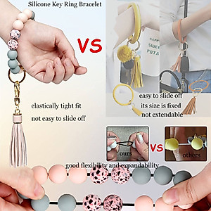 BIHRTC Keychain Bracelet Silicone Key Ring Wristlet with Leather Tassel Wrist Key Ring Bangle Silicone Bead keyring for Women Girls