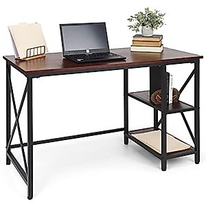 Displays2go Industrial-Style Desk, Two Shelves, Steel X Sides - Dark Wood Tone (FDXDESKBRN)
