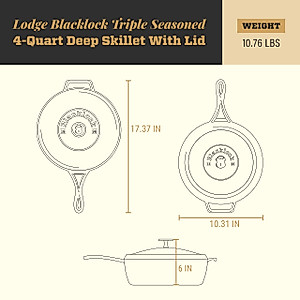 Lodge Blacklock 4 Quart Deep Skillet with Lid - Durable & Lightweight Cast Iron Cookware - Nonstick & Cast Iron Skillet