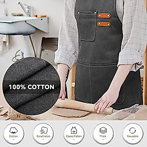 Riqiaqia Chef Apron for Women Men, Cotton Canvas Cross Back Apron with Adjustable Strap and Large Pockets (Grey)