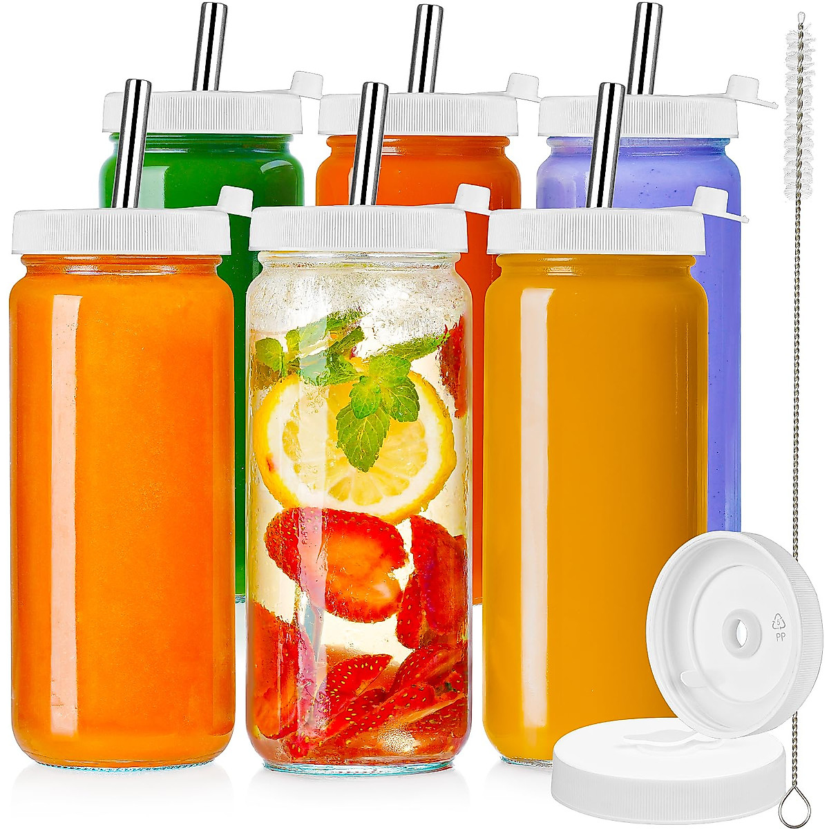 Ritayedet 6 Pack 16 Oz Glass Juicing Bottles w 6 Straws and 8 SCREW Lids w Hole(100% Airtight) Reusable Drinking Jars, Travel Water Bottles, Tall Mason Jar for Juice