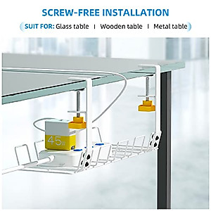 AOSYCO Cable Management Tray Under Desk, No Drill Cable Management Rack, Upgraded Clamp Mount Table Wire Management Holder, with 12PCS Cord Organizer Manager, 16" White Desk Cable Tray 1PACK