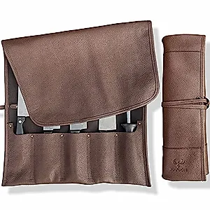 MARION - LA PETITE - Genuine Calf Top Grain Brown Leather - Handcrafted Professional Chef's Knife Storage Roll Bag - 5 Pockets…
