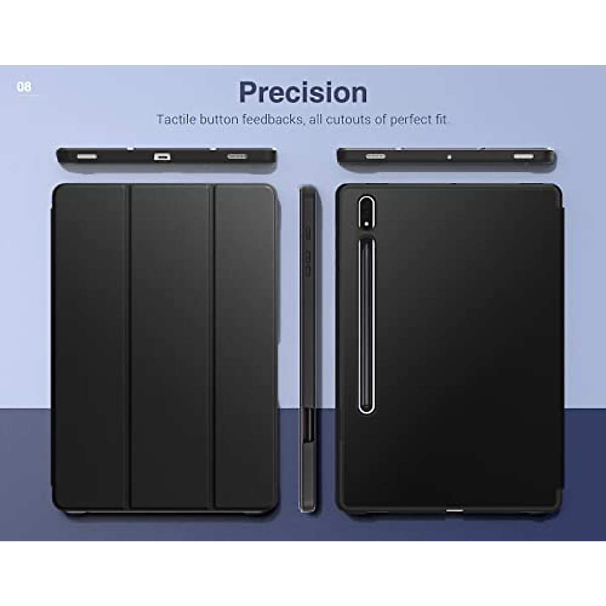 MoKo Case Fits Samsung Galaxy Tab S8 Plus 12.4 Inch 2022 (SM-X800/SM-X806) /S7 FE 2021/S7 Plus 2020, Shockproof Full Body Trifold Stand TPU Back Cover Case with Pen Holder Slot/Auto-Wake, Black