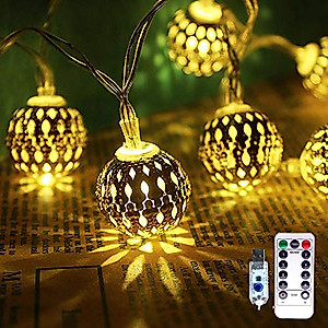 YUJINQ Fairy Decorative String Lights 50 LED Remote Timer USB Powered Silver Moroccan orb String Light Metal Ball Light Christmas Holiday, Party, Home Garden, Indoor Outdoor Decorations (Warm White)