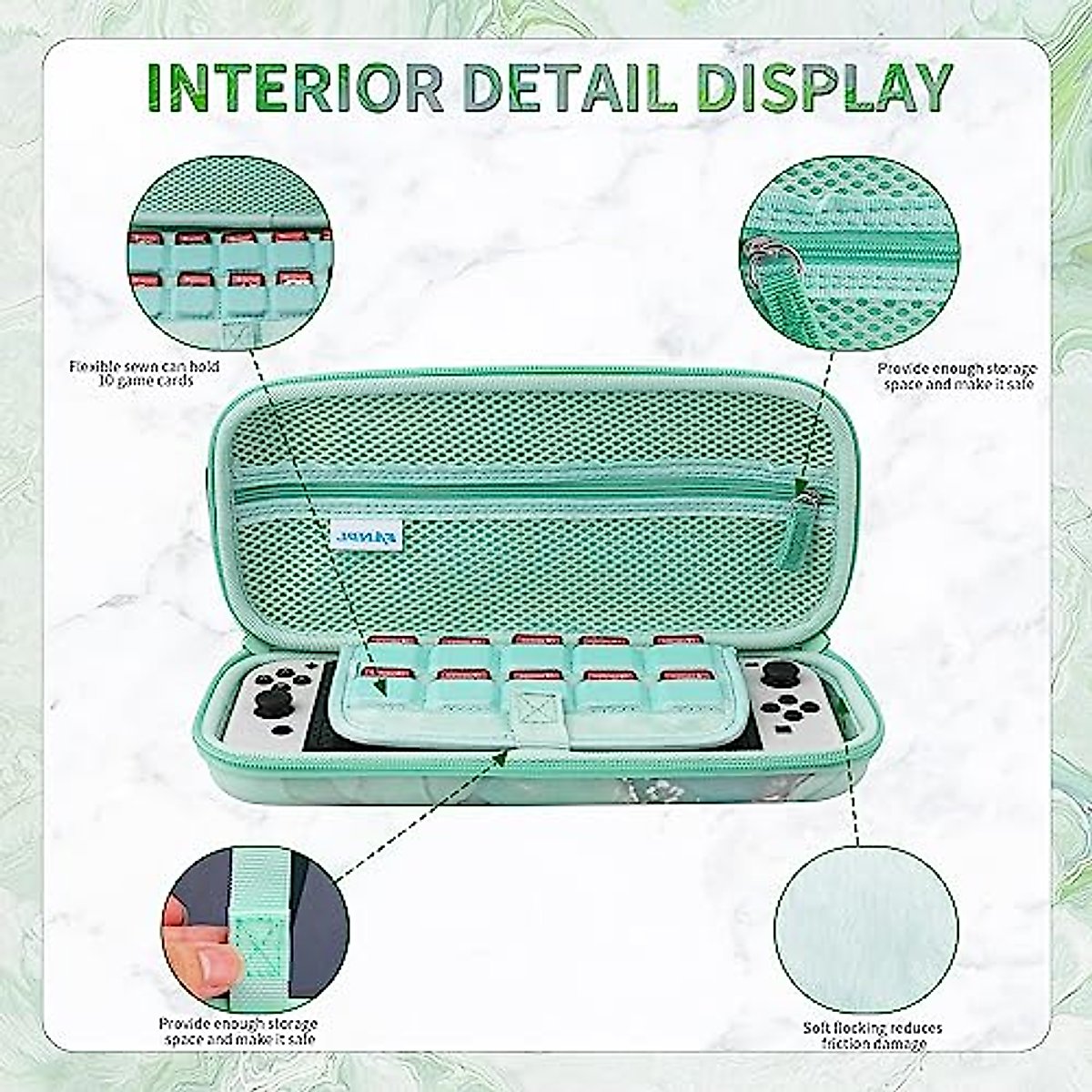 HYPERCASE Green Marble Carrying Case Compatible with Nintendo Switch/OLED, Shockproof Hard Protective Cover Case with 10 Game Card Slots, Portable Travel Bag for Switch Console Joycon & Accessories.