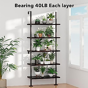 pickpiff Ladder Shelf Bookcase 5 Tier, Extra Sturdy Modern Bookshelf Wall Mounted, Tall Black Open Book Shelf, Standing Industrial Metal Frame with Wooden Shelves