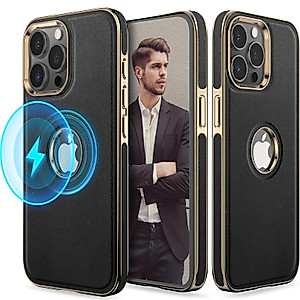 LOHASIC for iPhone 15 ProMax Case, Compatible with MagSafe Leather Cover Logo View Protective Business Design Soft Bumper with Microfiber Lining Men Phone Cases 6.7" 2023 - Black Gold