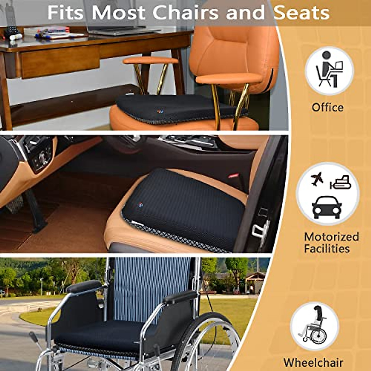 HANCHUAN Gel Seat Cushion Sciatica & Back Pain Relief 1.8" Thick Cushion for Long Sitting Orthopedic Gel Cushion with Honeycomb Breathable Design for Truck, Cars, Wheelchair, Office Chair, Game Chair