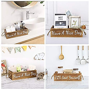 Luxspire Bathroom Decor Box, 2 Sides Farmhouse Wooden Toilet Paper Holder Tissue Storage Toilet Tank Topper Organizer, Rustic Bathroom Tray Restroom Funny Sayings, Wood Basket Box Home Decor, Brown