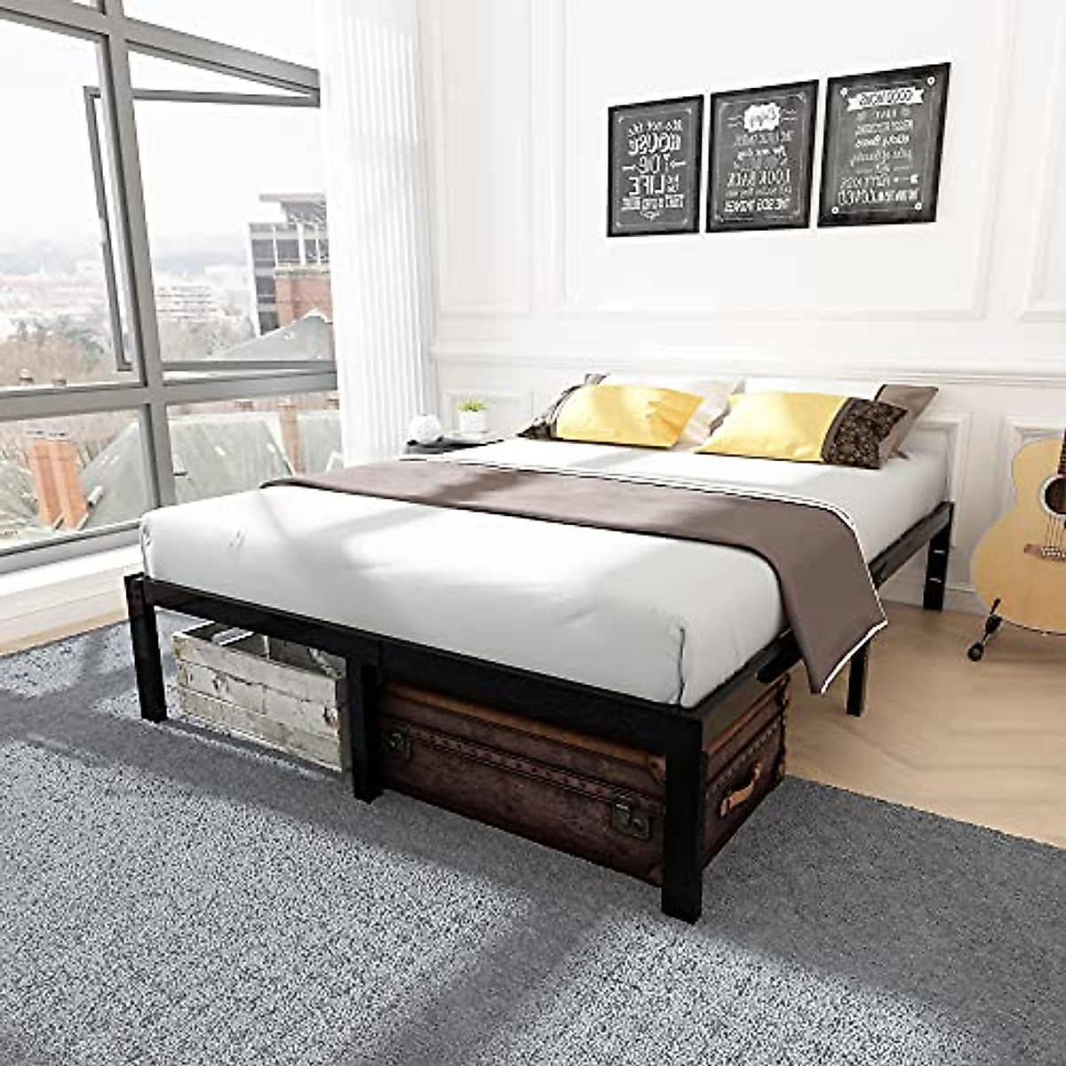 45MinST 3600lbs Heavy Duty Bed Frame,14 Inch Sturdy Steel Slat Mattress Foundation, Metal Reinforced Platform Box Spring Replacement, Easy Assembly with Quick Lock, Cal King